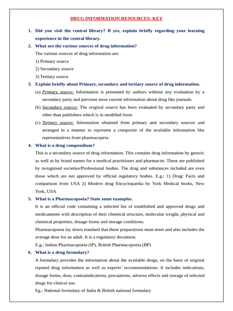 Drug Information Resources Answer Key | PDF