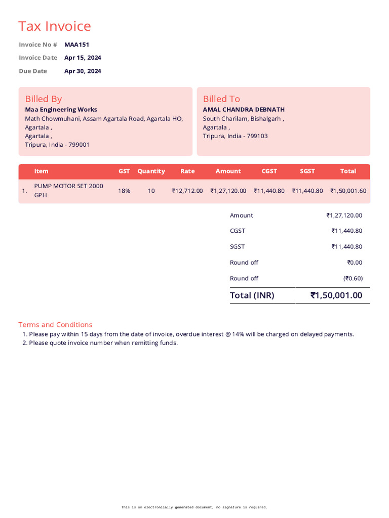 Invoice Maa151 Maa Engineering Works Amal Chandra Debnath | PDF