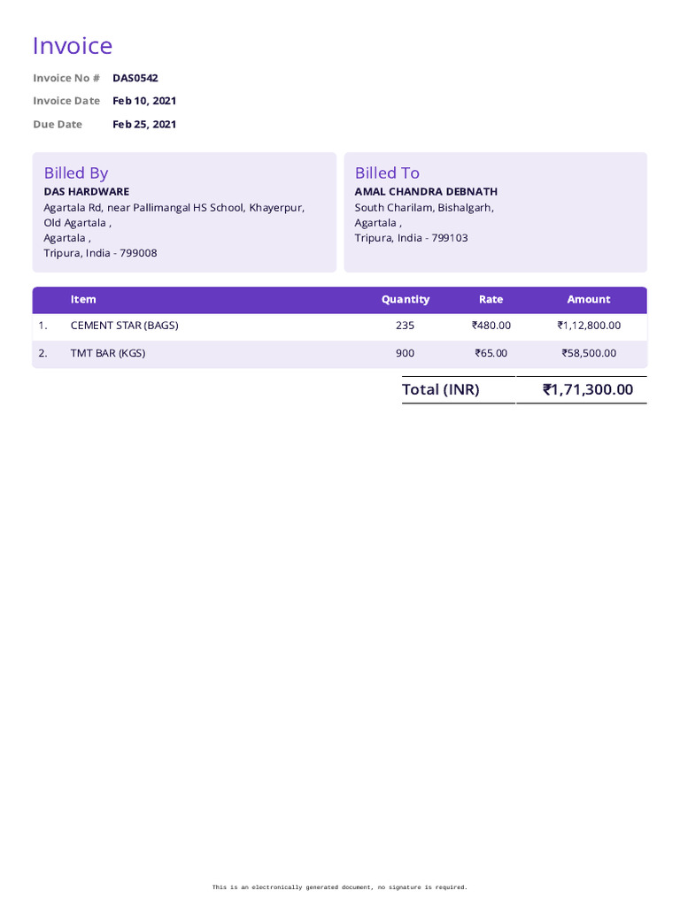 Invoice Das0542 Das Hardware Amal Chandra Debnath | PDF