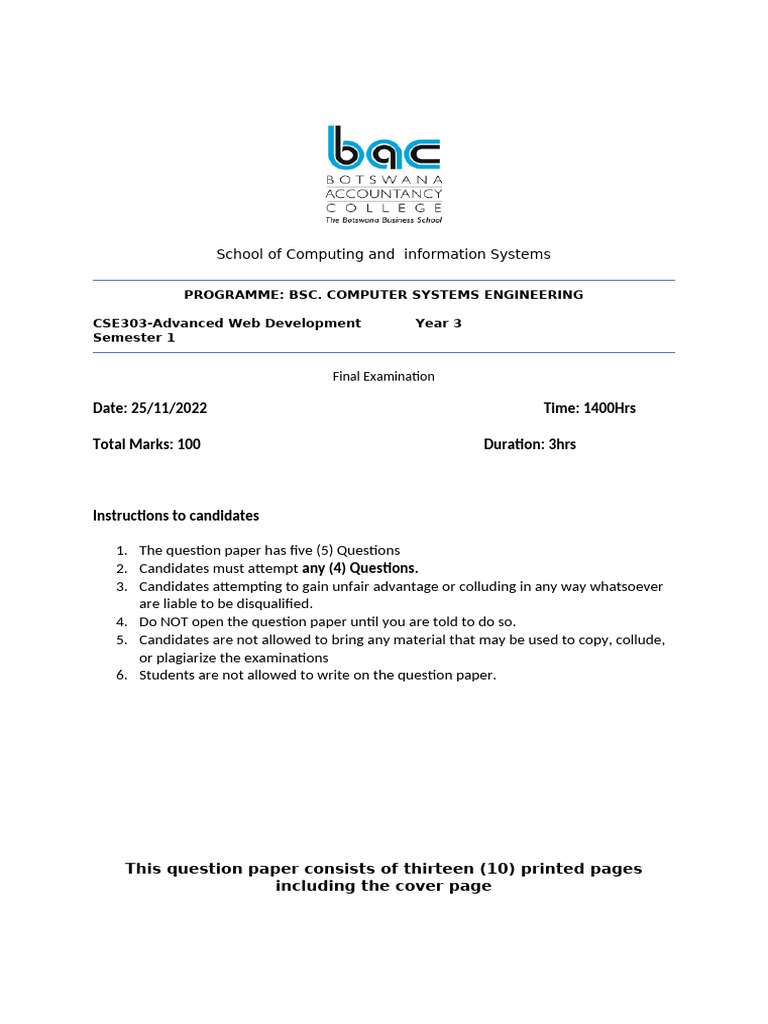 Cse300 Advanced Web Final Exam November 2022 Qp | PDF | Web Server ...