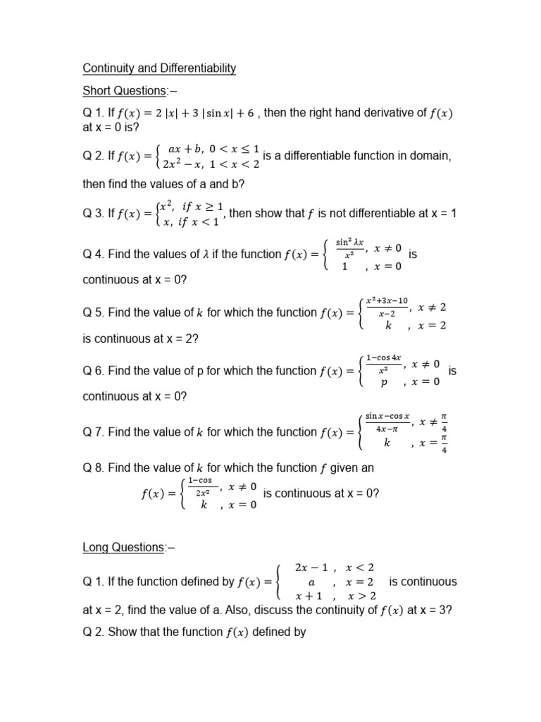 Continuity And Differentiability Pdf Function Mathematics Analysis