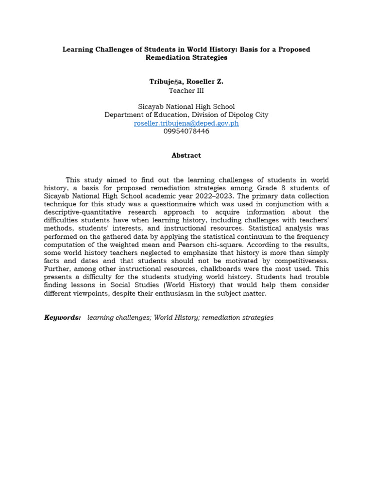 Learning Challenges of Students in World Histor1-ABSTRACT | PDF ...