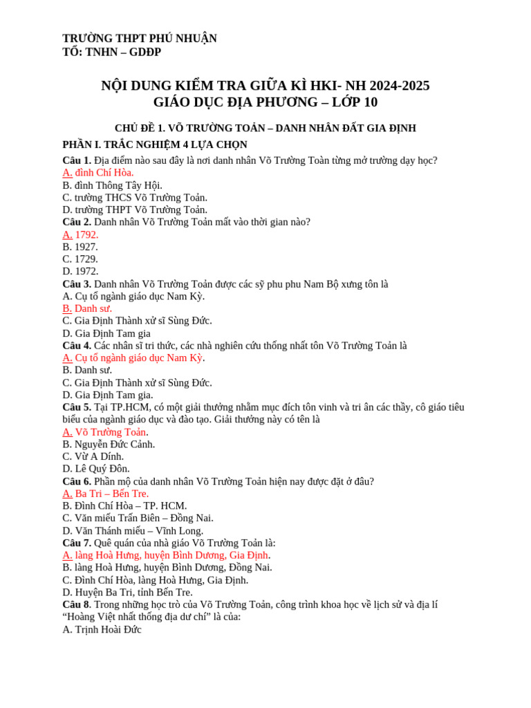 ĐỀ CƯƠNG KTGK HS K10 NH 24-25 | PDF