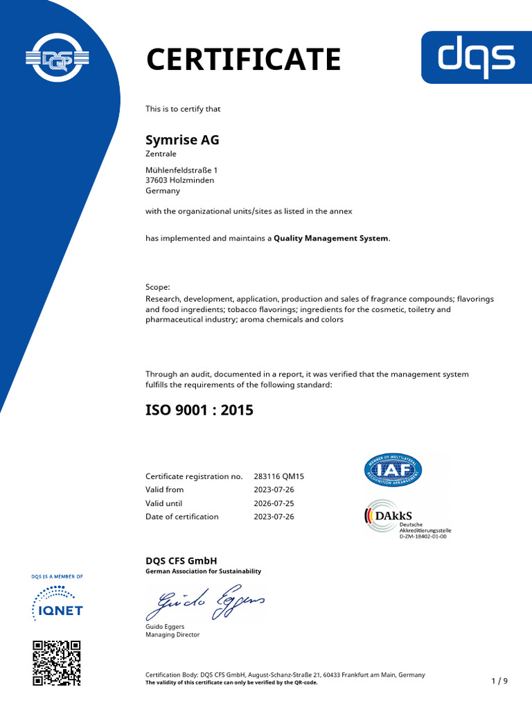 Symrise ISO 9001 Certificate | PDF | Perfumery | Toiletry