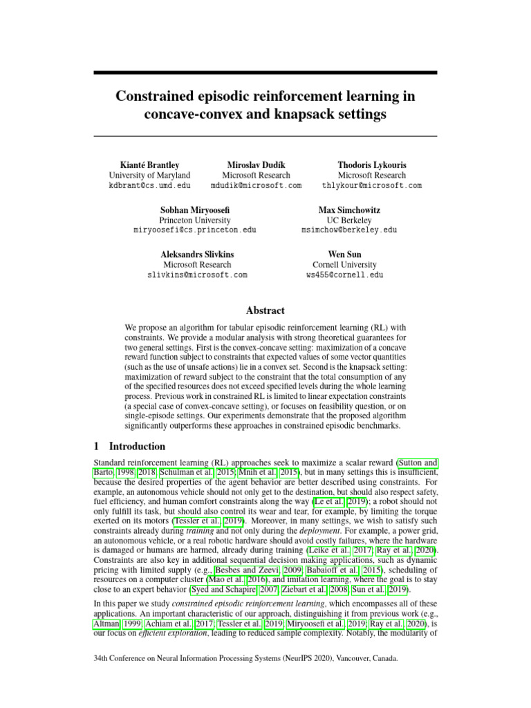 NeurIPS 2020 Constrained Episodic Reinforcement Learning in Concave Convex and Knapsack Settings ...