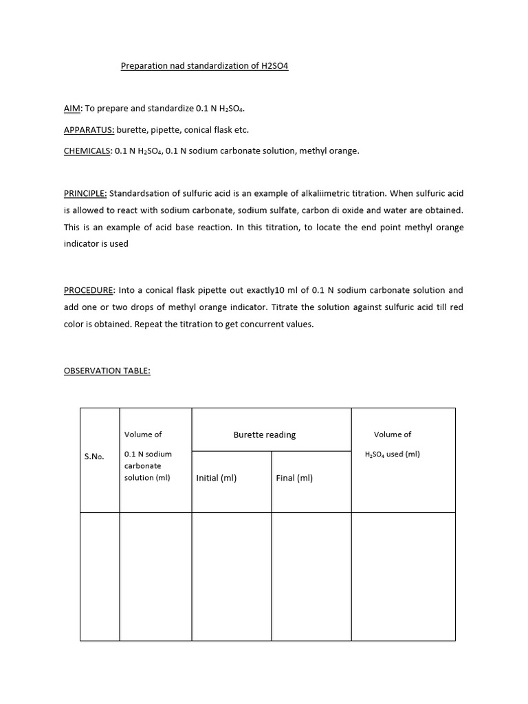 Preparation and Standardization of 0.1 N H2SO4 | PDF