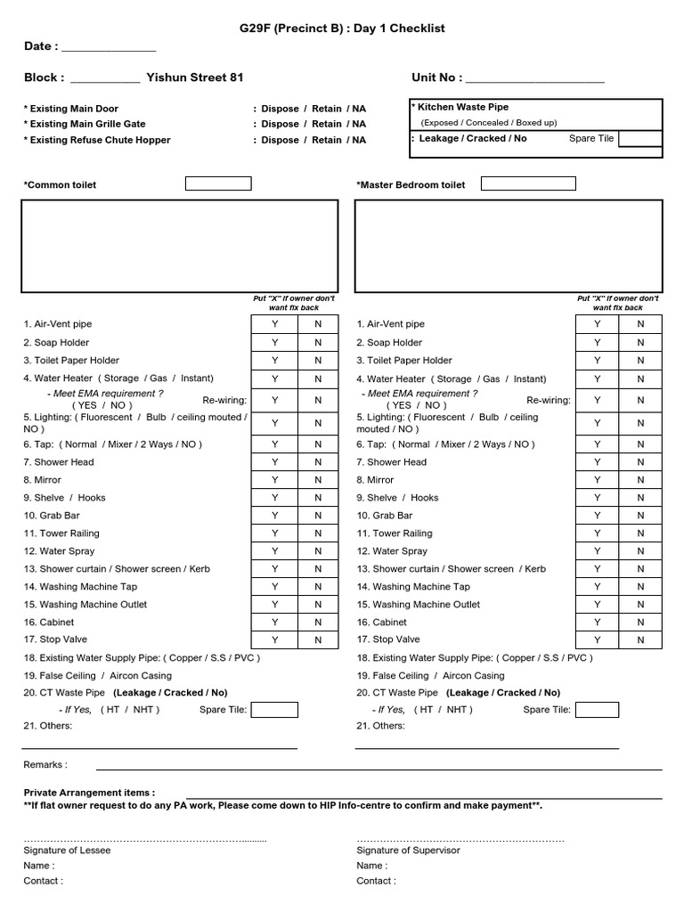 Day 1 Checklist | PDF | Shower | Toilet