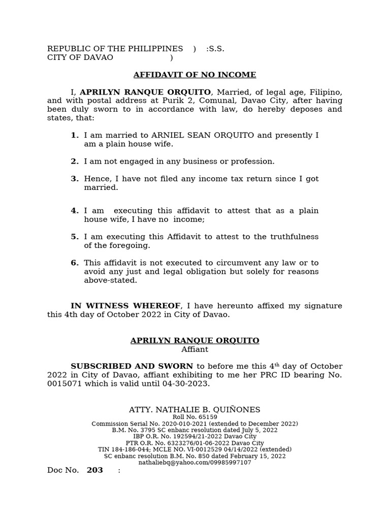 Affidavit of No Income - April R. Orquito | PDF