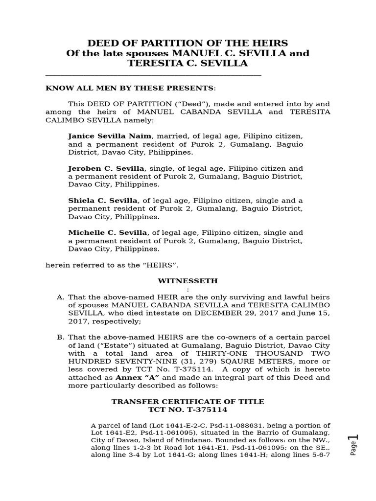 sevilla_final deed of partition | PDF | Inheritance | Deed
