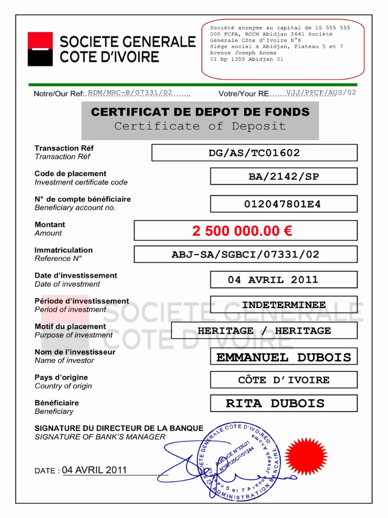 Certificat de Depot de Fond BDM | PDF