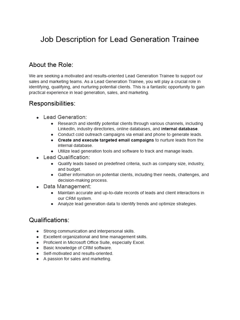 Job Description For Lead Gen Trainee | PDF