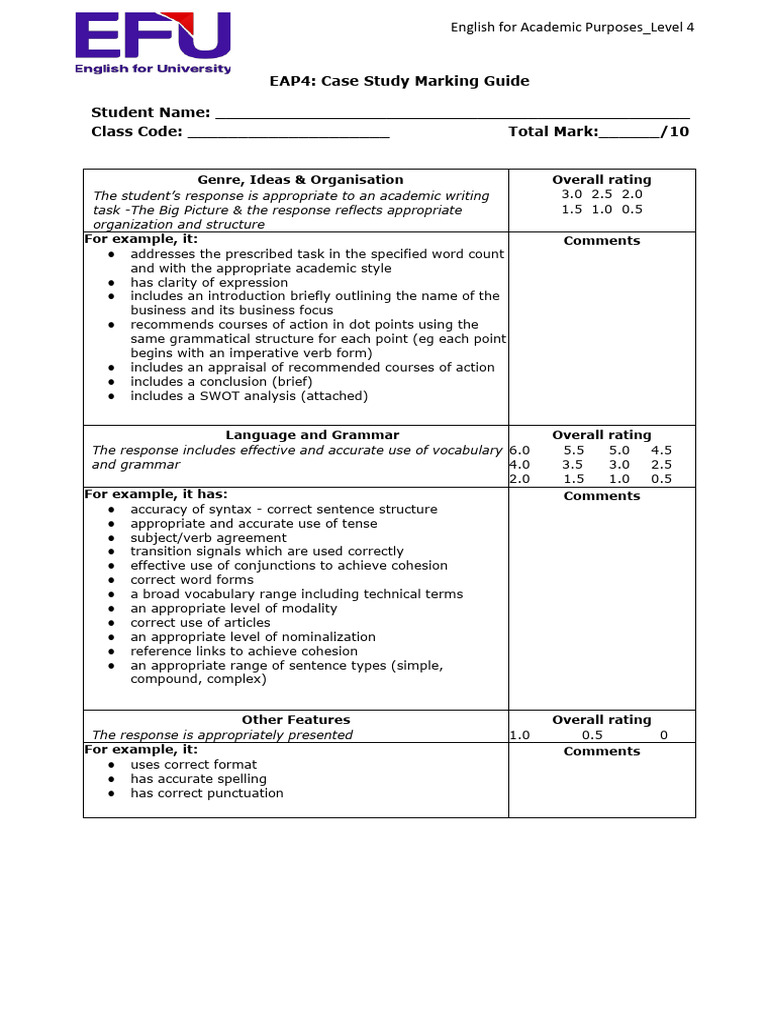 EAP4 Case Study Marking Guide | PDF | English Language | Verb