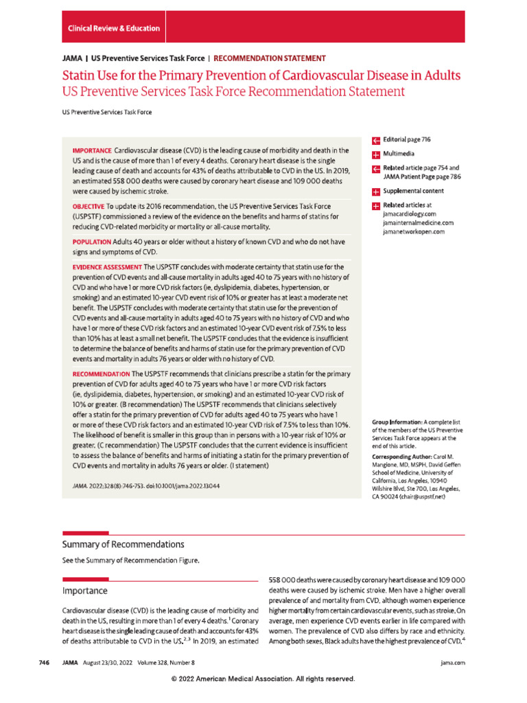 Statin Use For The Primary Prevention of Cardiovascular Disease in ...