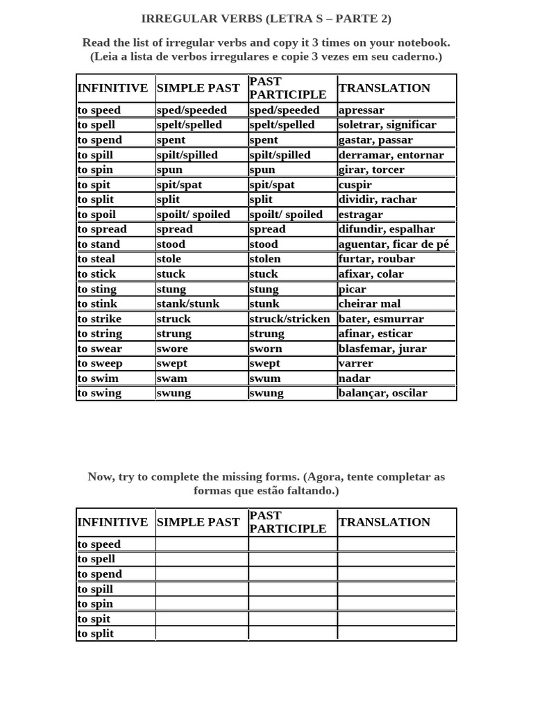 IRREGULAR VERBS exercises - LETRA S - PARTE 2 | PDF | Languages | Foreign Language Studies