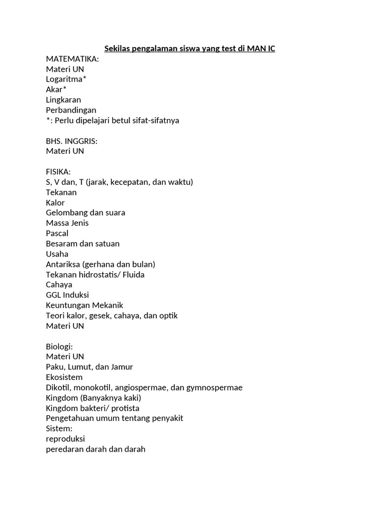 Pengalaman Siswa Tes MAN IC | PDF
