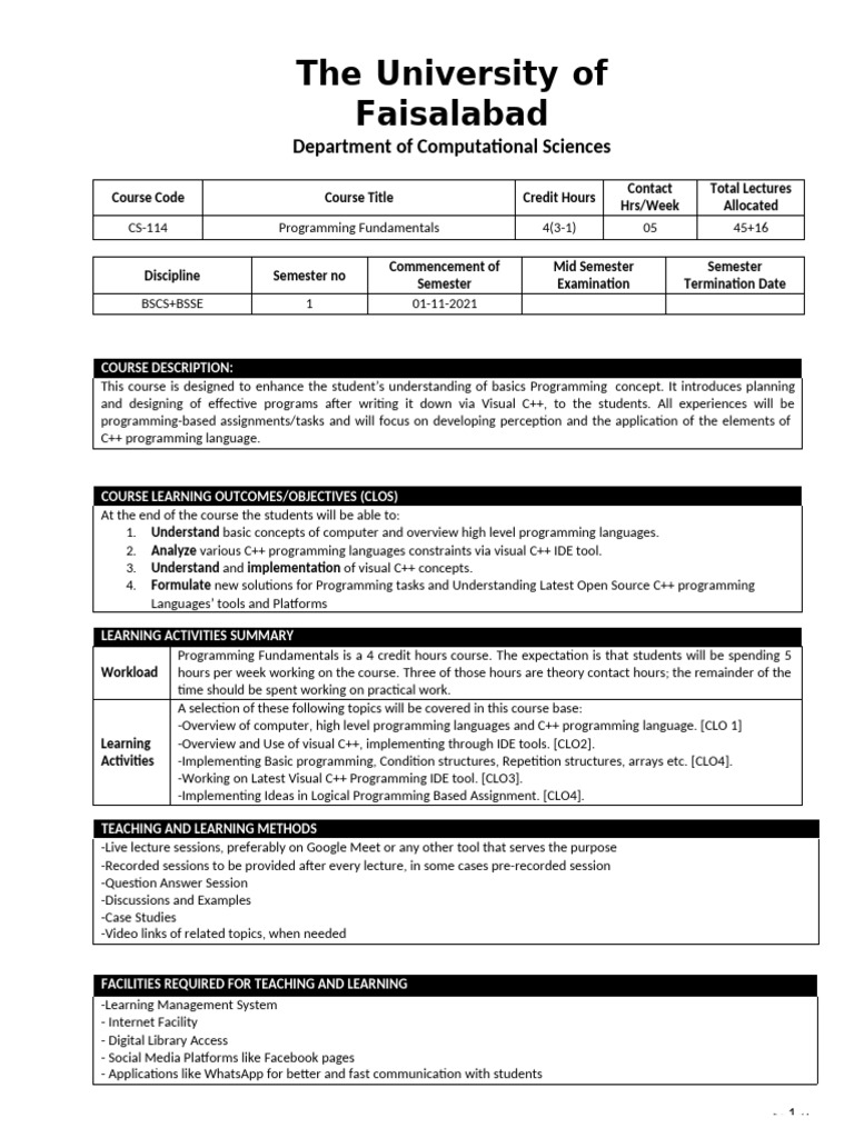 Programming Fundamentals BSCS+BSSE-I Health Sciences Wing 2021 | PDF | Computer Programming | C++