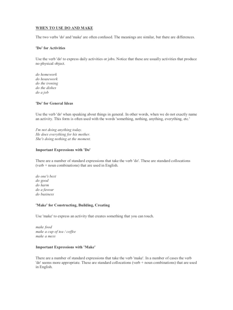 Do vs. Make Exercises Guide | PDF | Verb | English Language