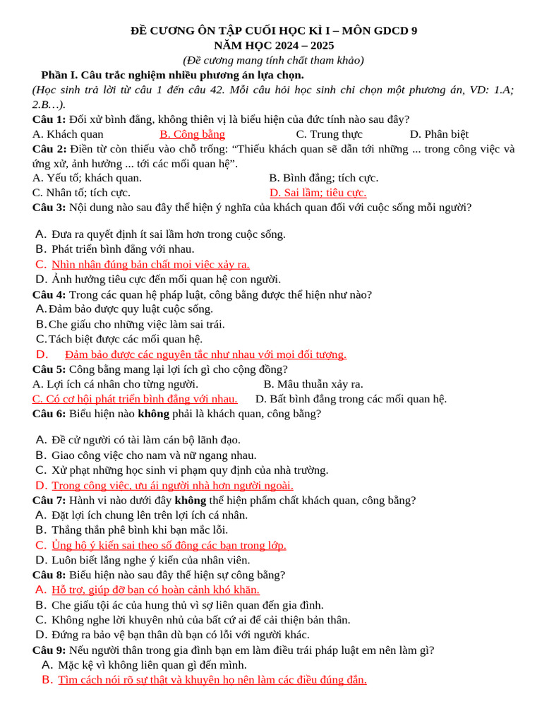 gdcd 9. ĐỀ CƯƠNG ÔN TẬP CUỐI HỌC KÌ I - co dap an (1) | PDF