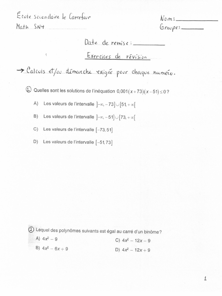 Math SN4 Exercices de Révision Chapitres 1 À 3 | PDF