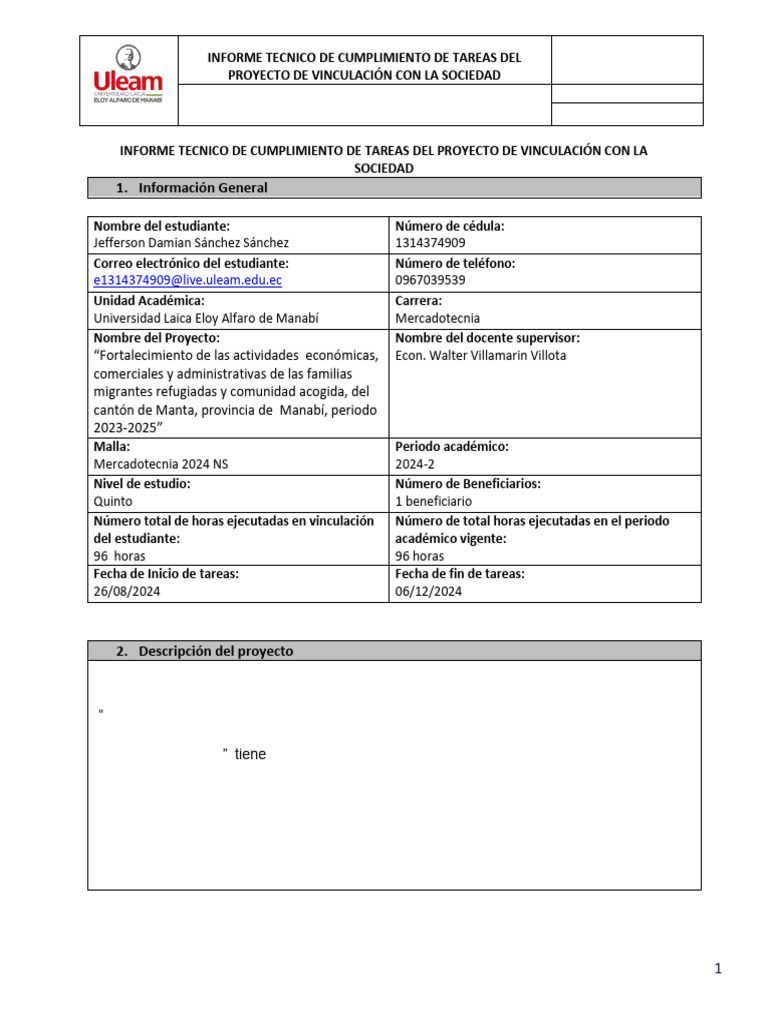 Informe Final de Vinculacion Jefferson Sanchez 2024 | PDF | Iniciativa ...
