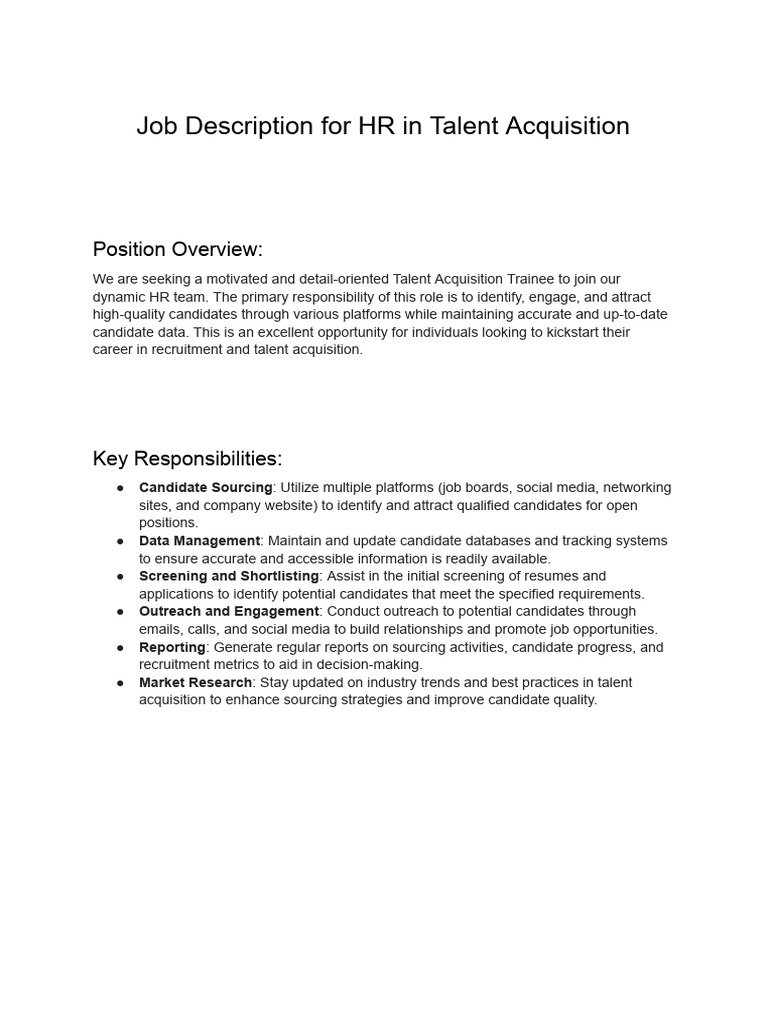 Talent Acquisition Trainee Job Description | PDF
