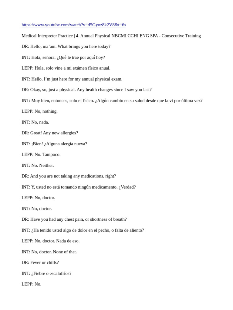 Interpreter Practice Transcription - Annual Physical | PDF