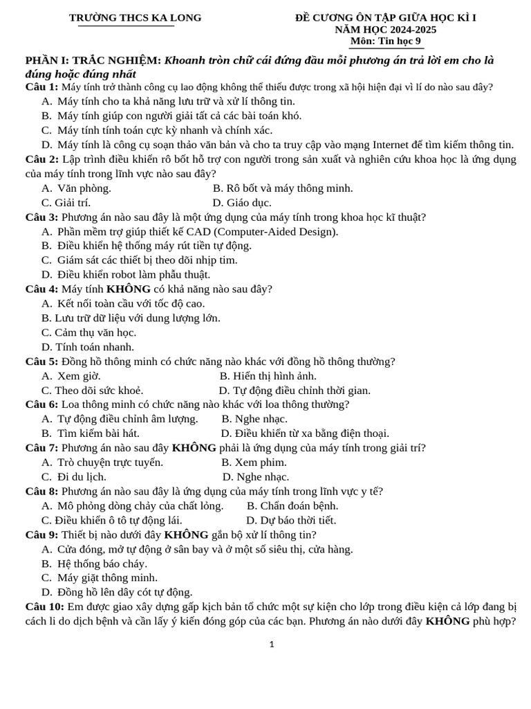 Đề Cương Ôn Tập - Giữa HK1 - Tin 9 - 24-25 - Hà Văn Tuân | PDF