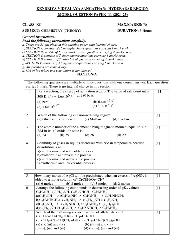 Chemistry 11 - 20 Model QPS Class XII | PDF | Isomer | Coordination Complex