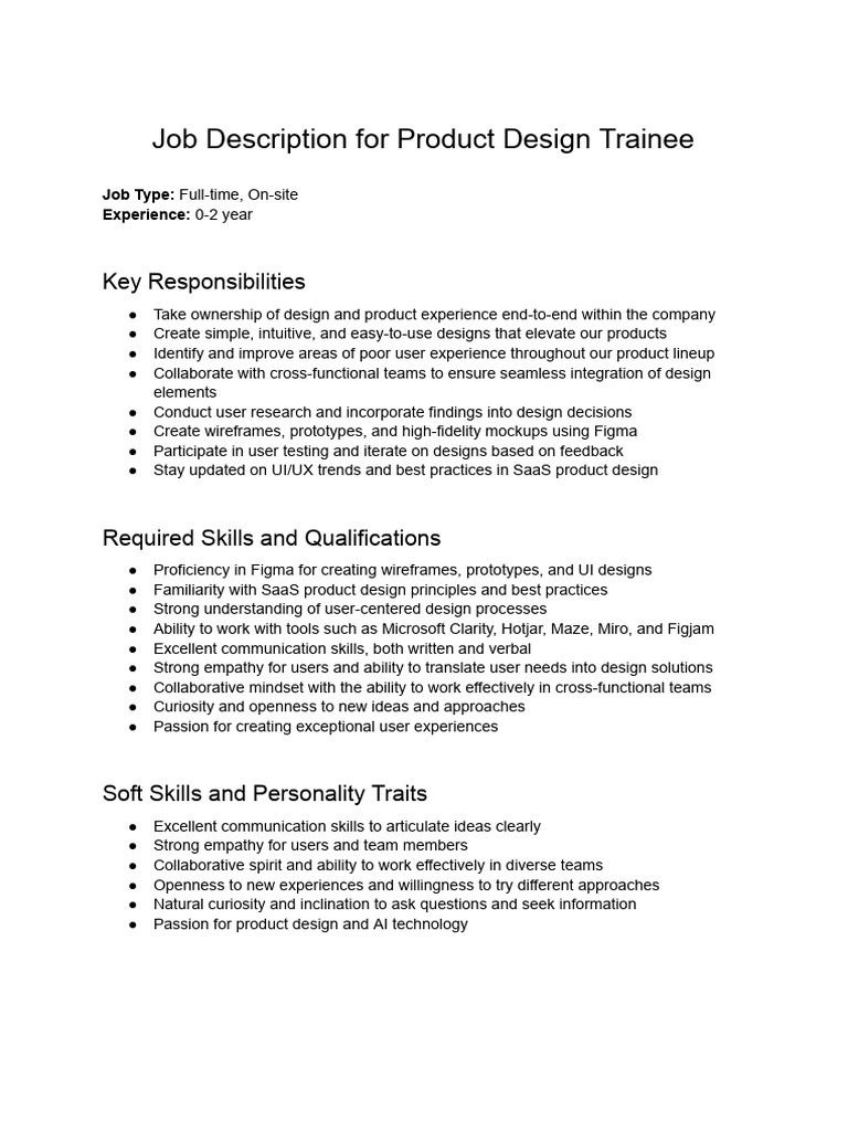 Job Description For Product Design Trainee | PDF