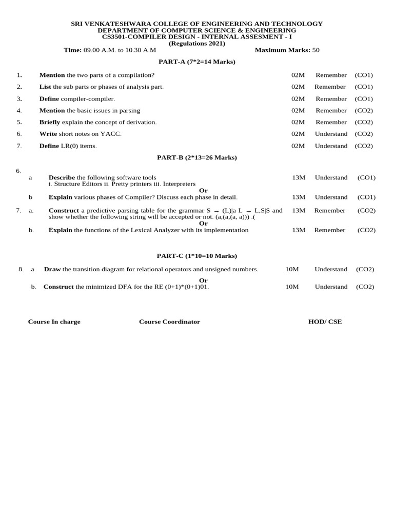 Ia1, Ii, Model Compiler Design QP Iii Year | PDF | Parsing | Compiler