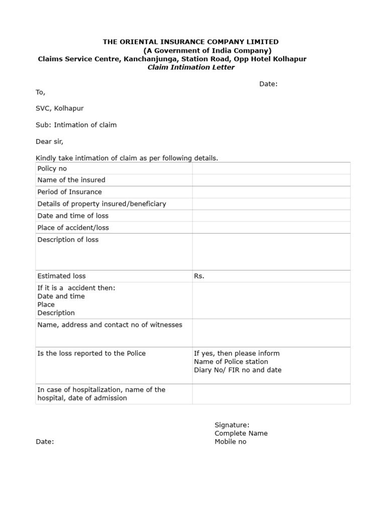 Claim Intimation Letter Non Motor | PDF
