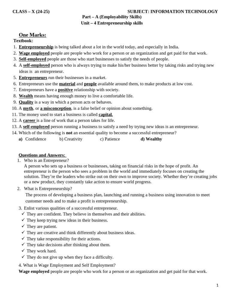 Entrepreneurship Skills for Class 10 | PDF | Entrepreneurship | Human ...