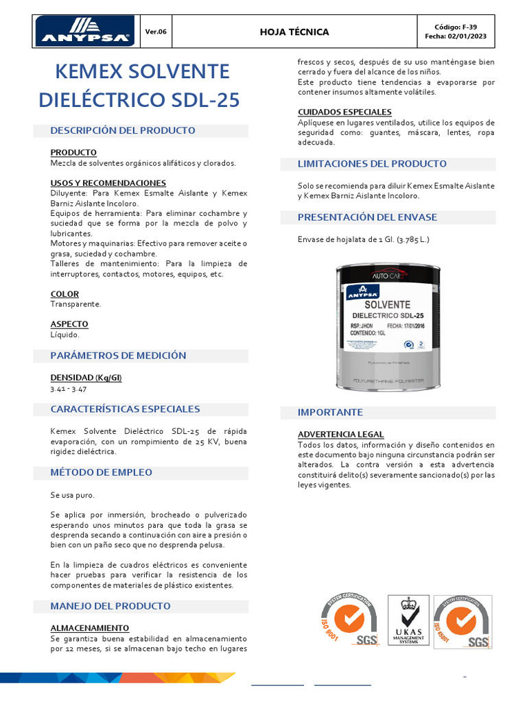 Solvente Dieléctrico SDL-25: Hoja Técnica | PDF | Aislador ...