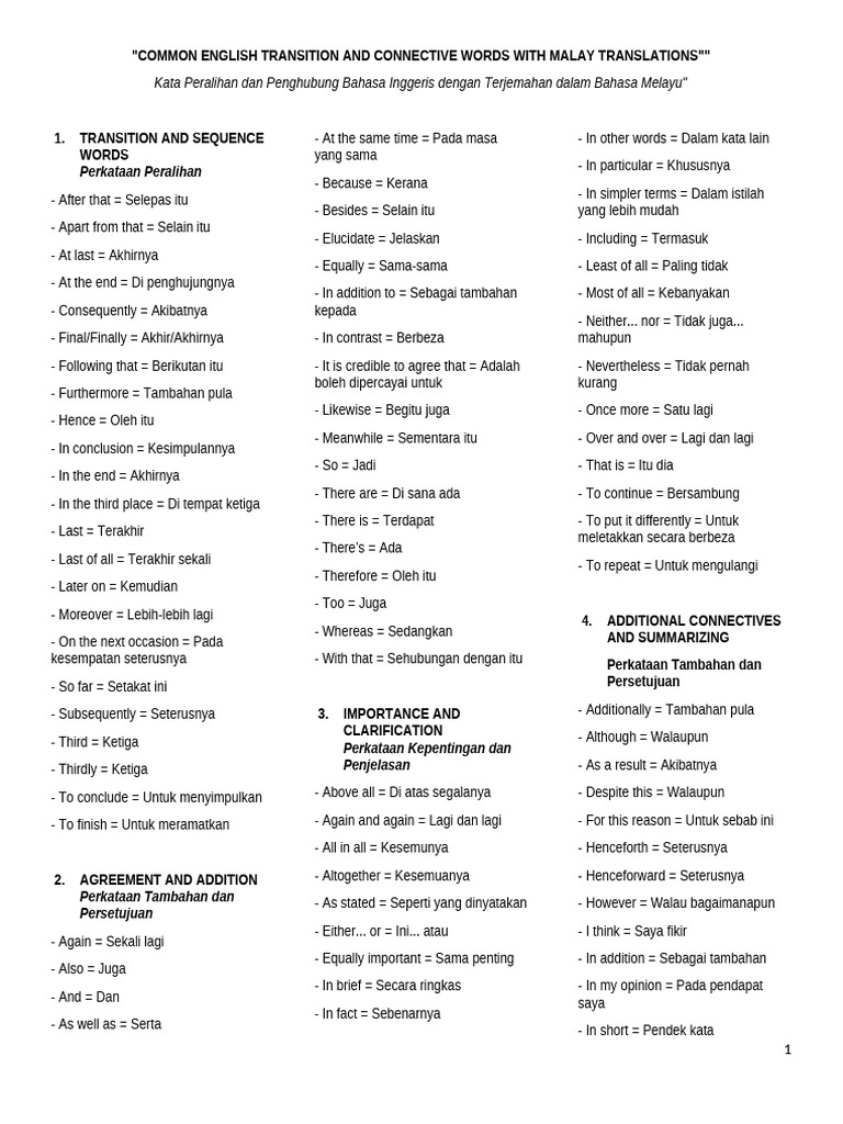 Kata Peralihan Inggeris dan Melayu | PDF