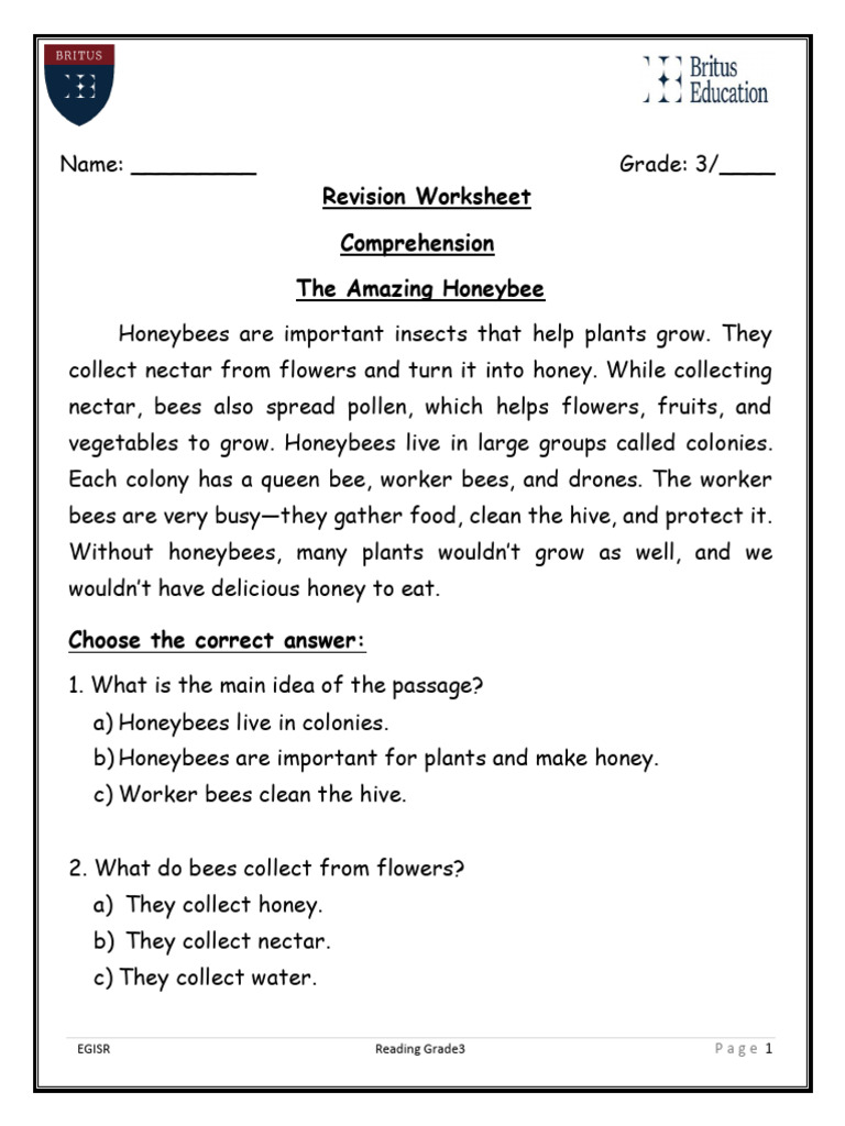 Education Gate International School-R: Revision Worksheet Comprehension ...