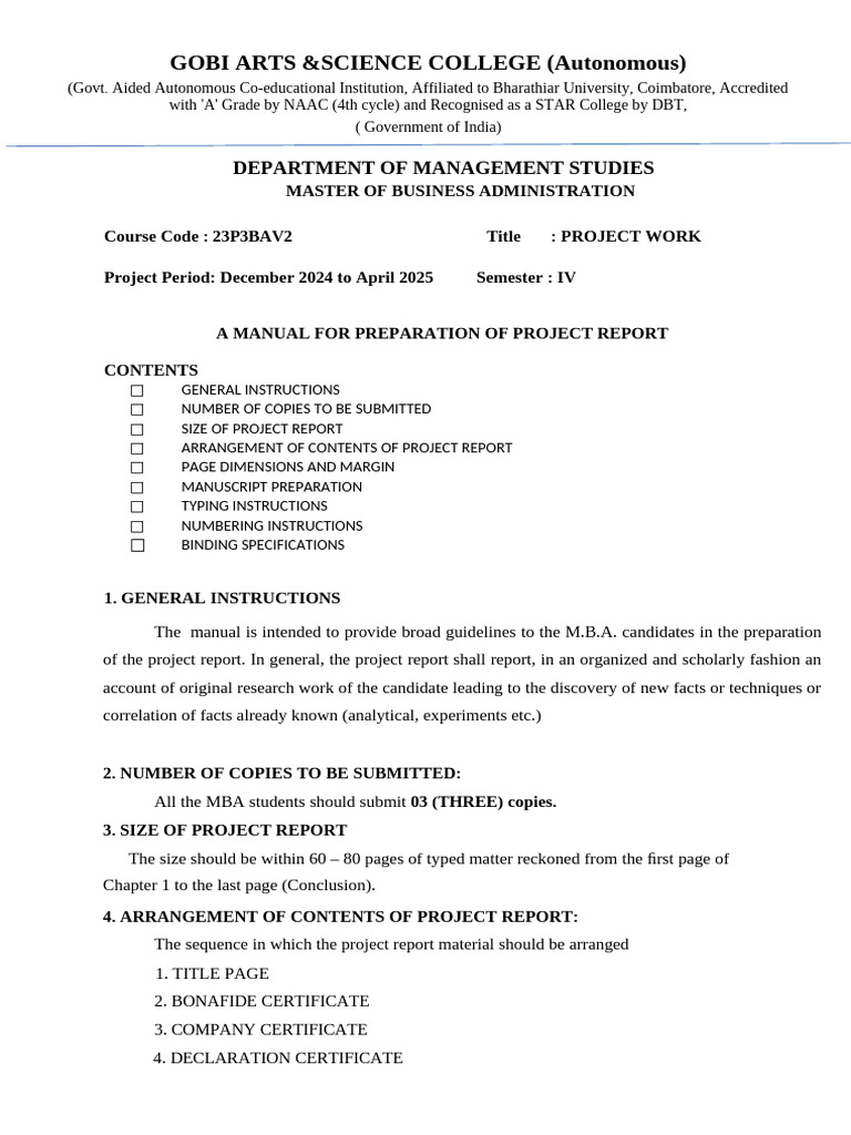 MBA Project Work Format For Batch 2023-2025 | PDF | Master Of Business ...