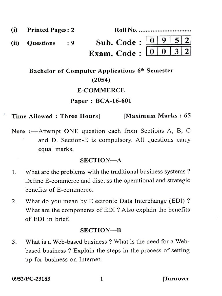 BCA - 6th Sem - BCA-16-601 - E-Commerce - May 2024 | PDF