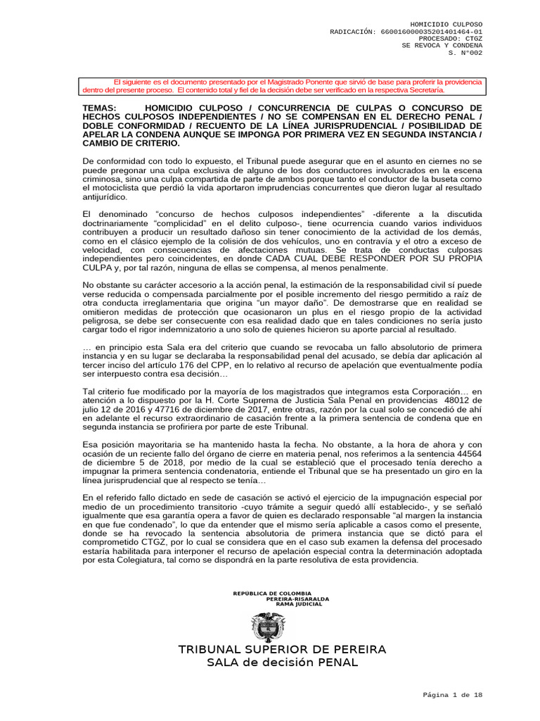 2014-01464 (S) - Homicidio Culposo. Concurrencia de Culpas. No Aplica en Penal para Compensar ...