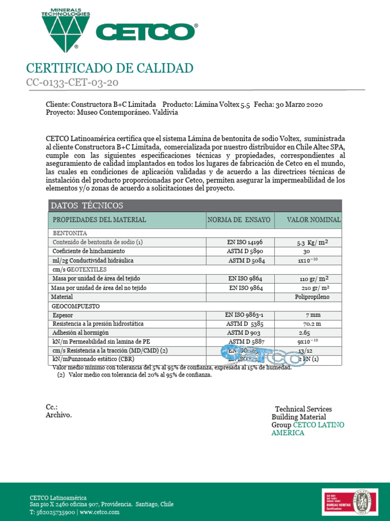 Certificado Voltex. Constructora B+C Limitada. | PDF | Materiales