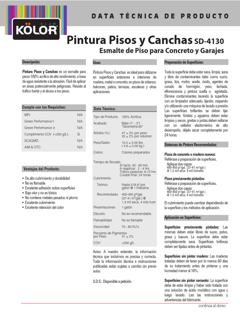 FICHA TECNICA Pintura Pisos y Canchas KOLOR | PDF | Pintar | Materiales