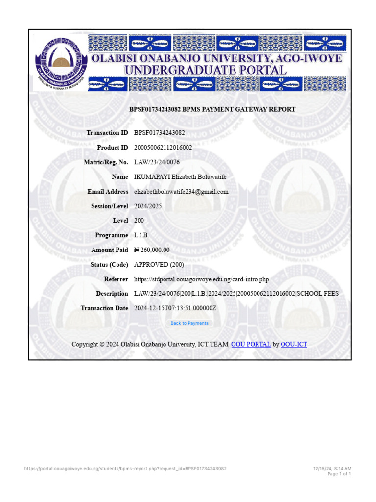 BPSF01734243082 BPMS Payment Gateway Report | PDF