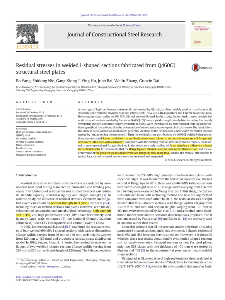 Residual Stresses in Welded I-Shaped Sections Fabricated From Q460GJ | PDF | Stress (Mechanics ...