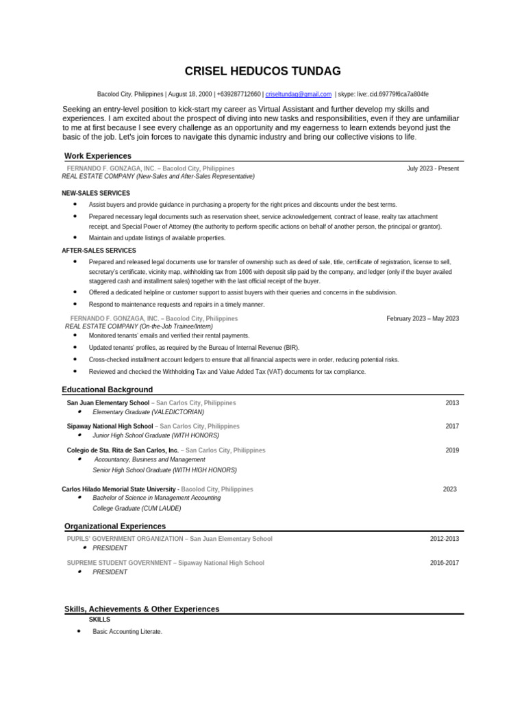 Crisel Tundag Updated Resume | PDF | Conveyancing