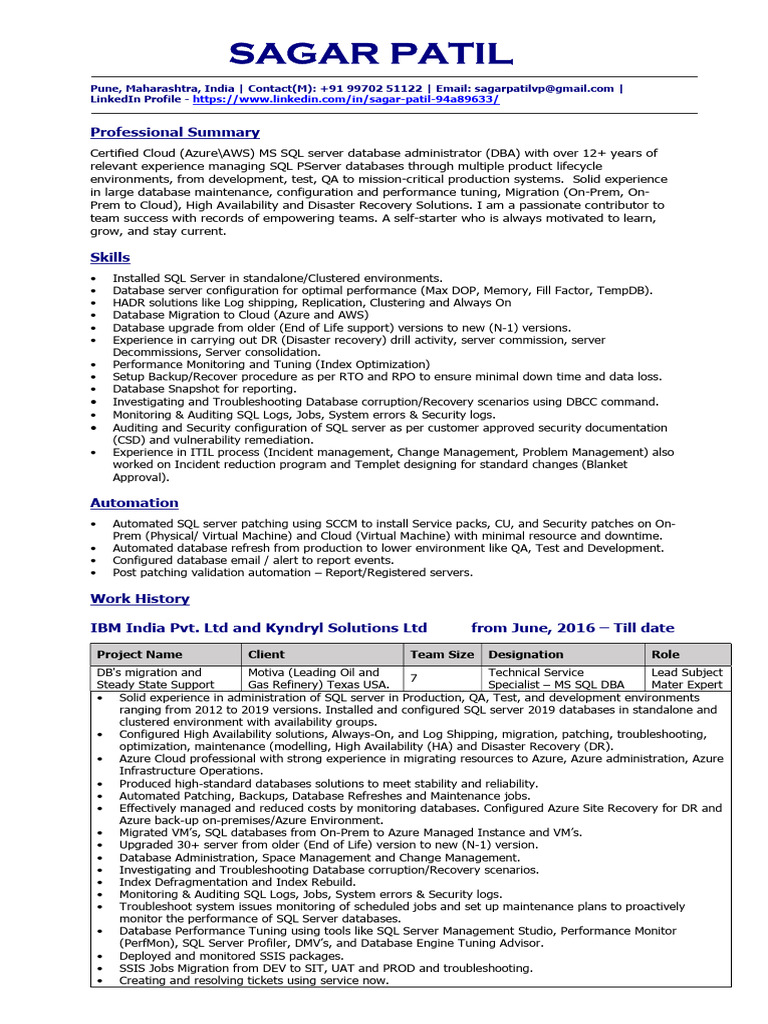 Cloud - Senior SQL Server Database Administrator - SagarPatil_12Yrs_Updated | PDF | Microsoft ...