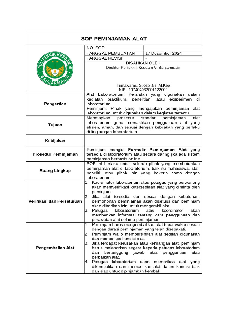 SOP Peminjaman Alat | PDF