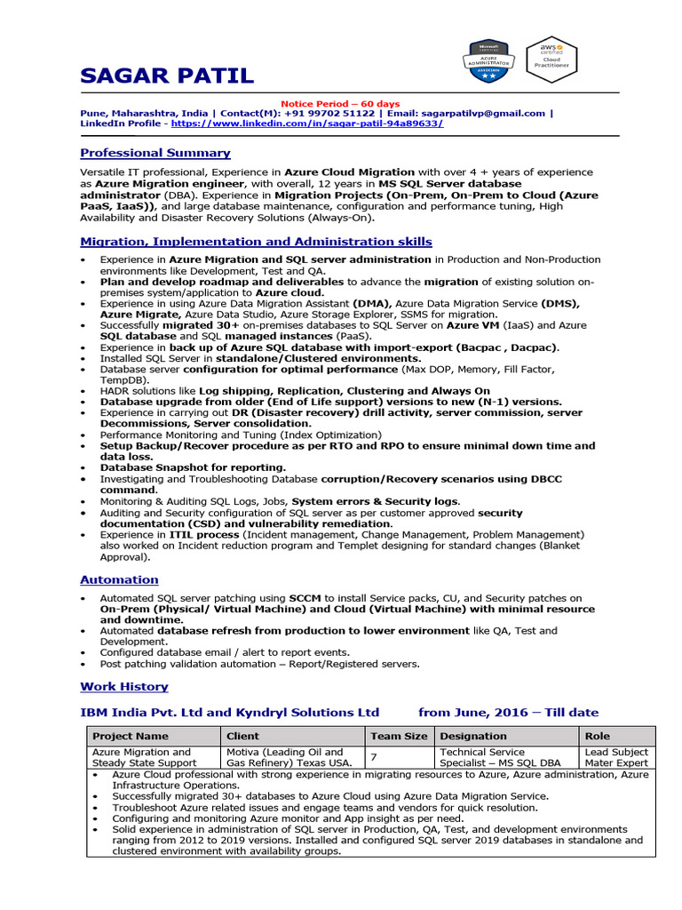 Azure - Senior SQL Server Database Administrator - SagarPatil - 12yrs ...