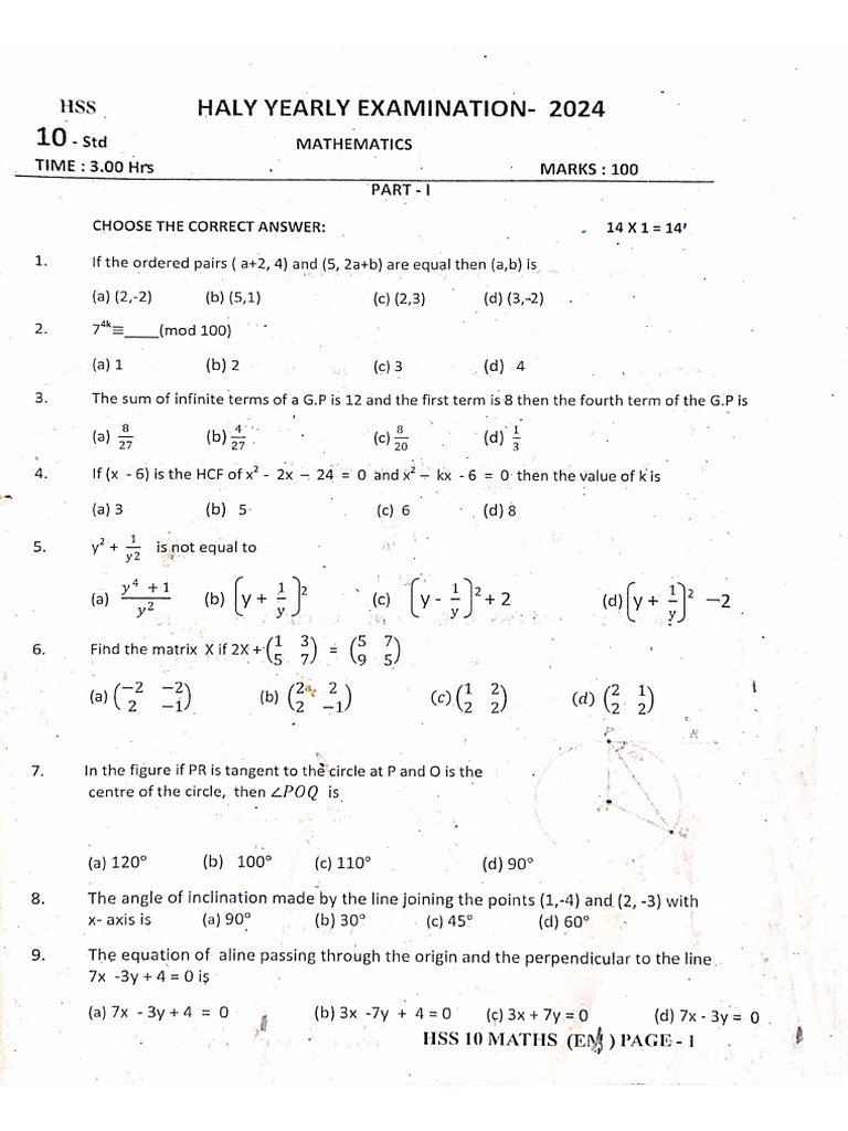 10th Maths EM Half Yearly Exam 2024 Original Question Paper Salem ...