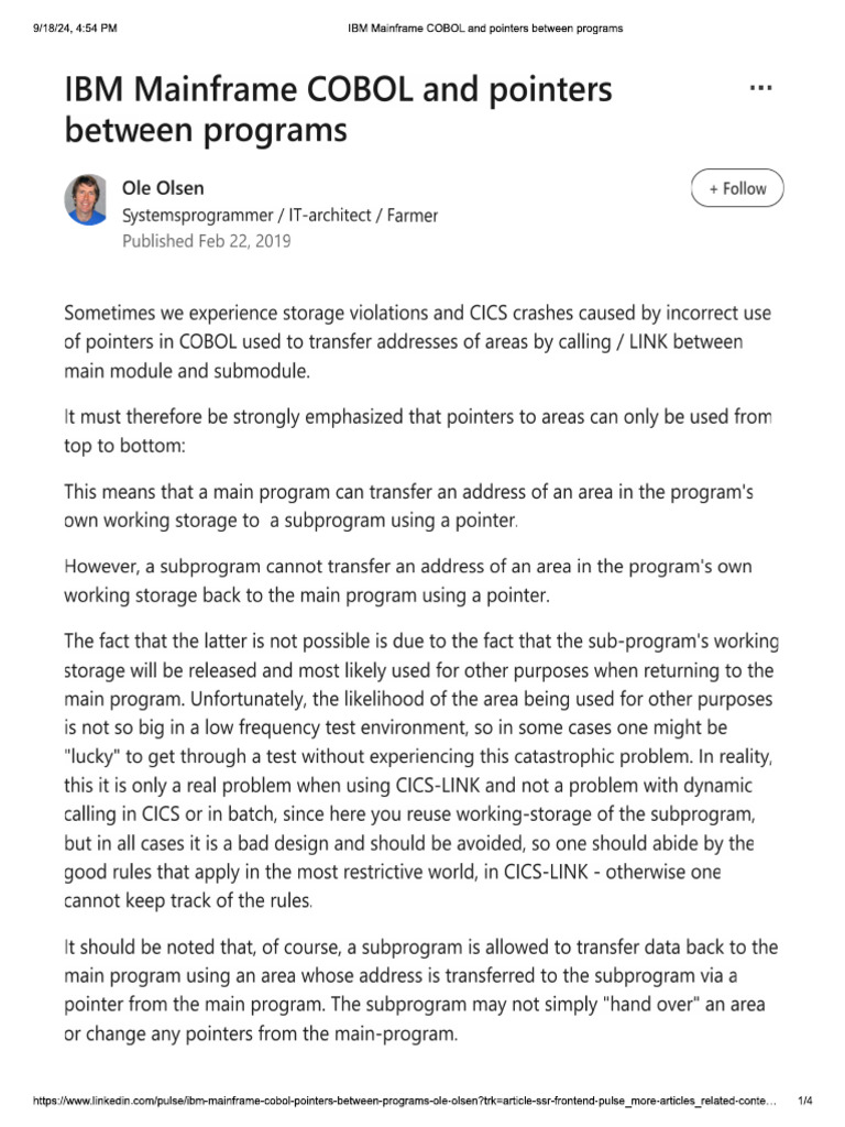 IBM Mainframe COBOL and pointers between programs | PDF