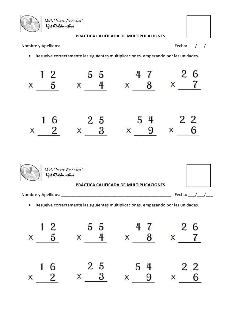PRÁCTICA CALIFICADA DE MULTIPLICACIONES | PDF