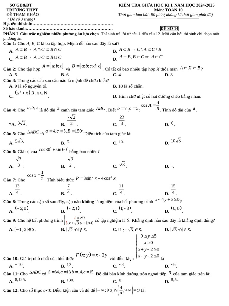 TOÁN ĐỀ 14 GK1 | PDF